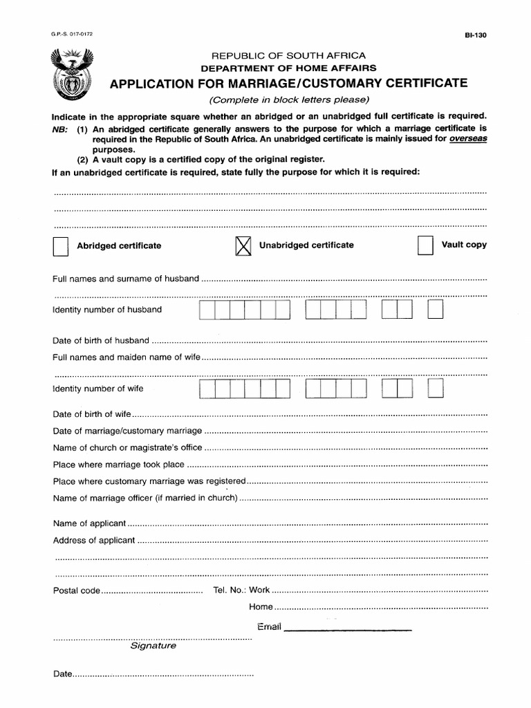 BI-130 Marriage Certificate | PDF