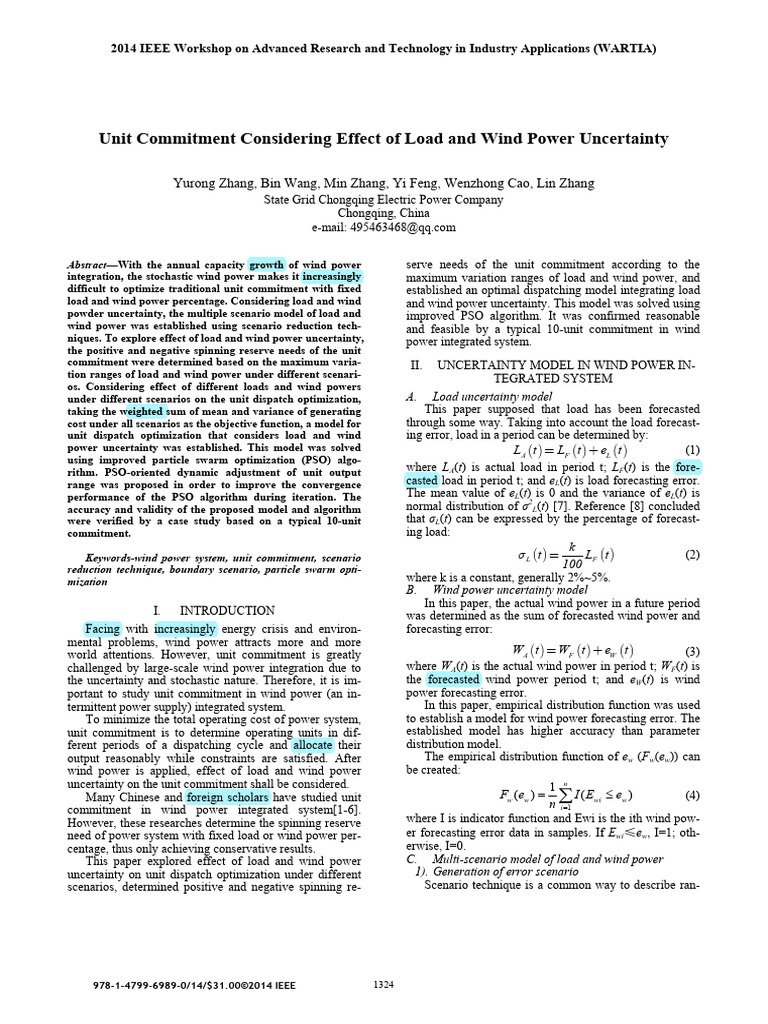Unit Commitment Considering Effect of Load and Wind Power Uncertainty | PDF | Forecasting ...