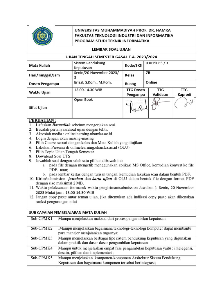 TI - 7B - UTS - Sistem Pendukung Keputusan (E Rizal) | PDF