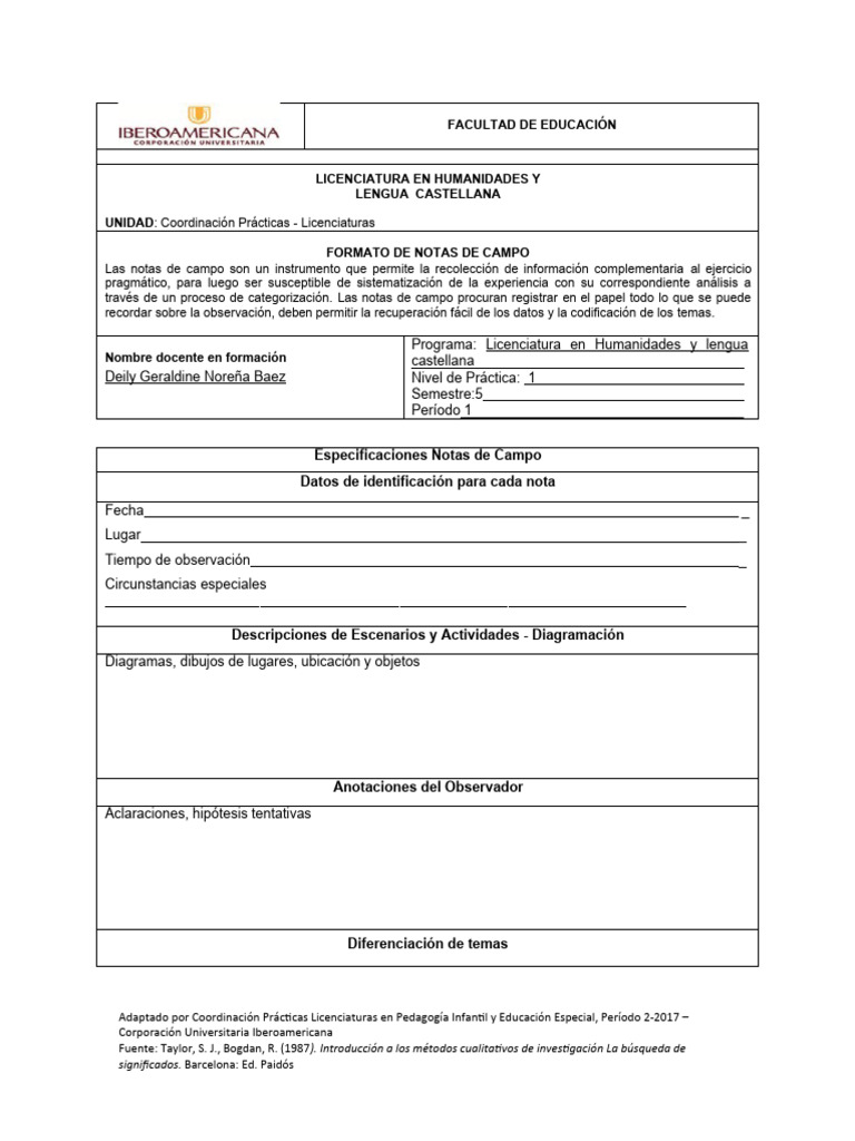 FORMATO NOTAS DE CAMPO (1) | PDF | Observación | Aprendizaje