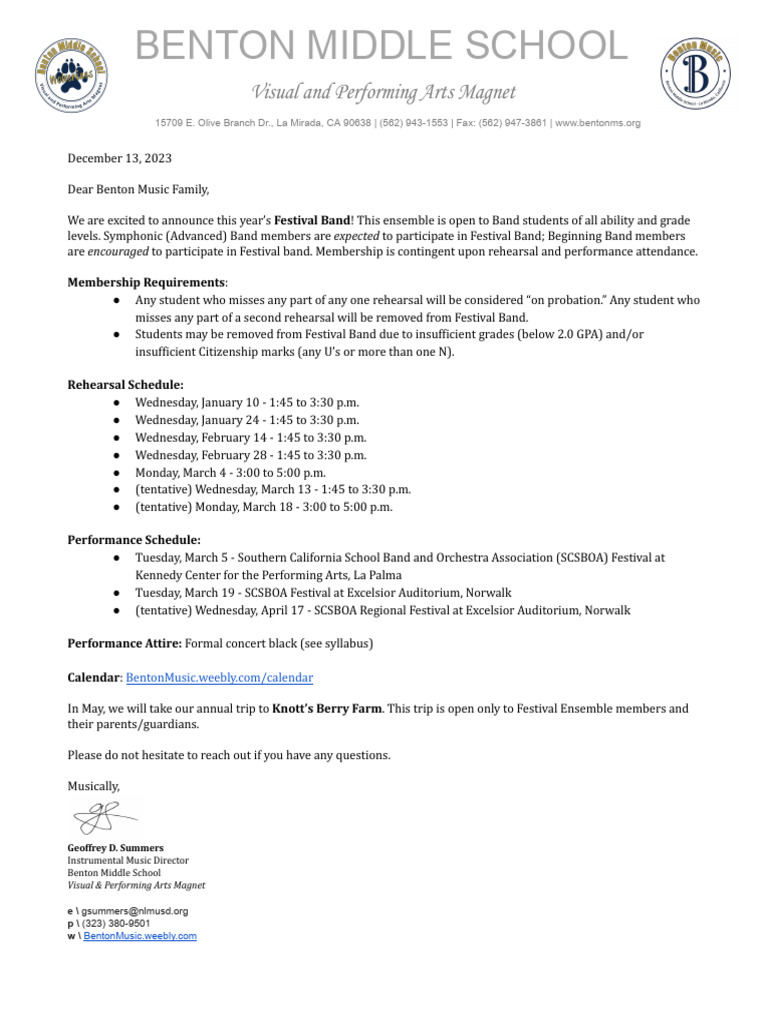 Benton Festival Band 2023-2024 Details | PDF