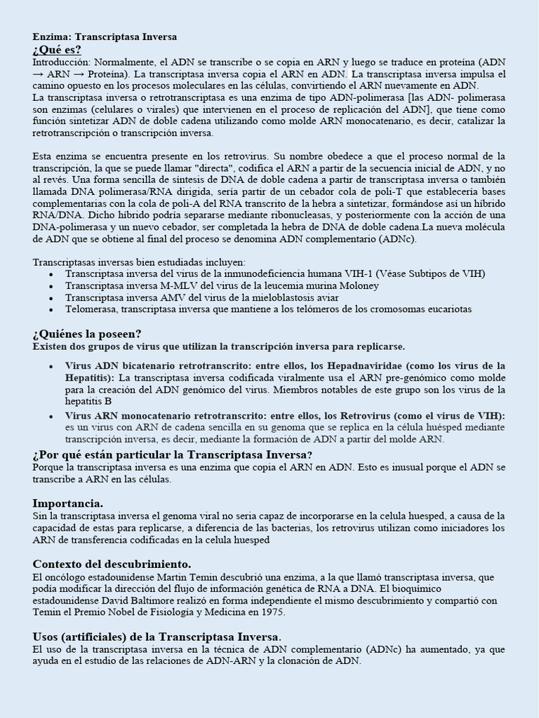 Enzima | PDF | La transcriptasa inversa | Adn