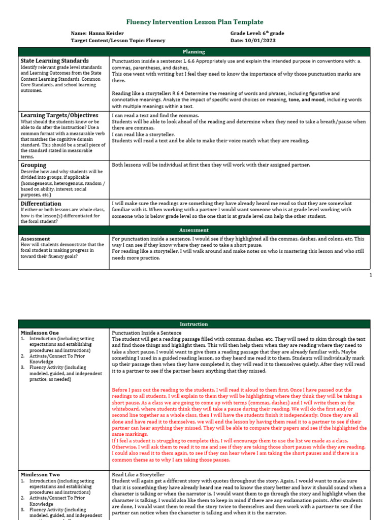 Assessing and Teaching Fluency Mini Lesson Template-1 | PDF ...
