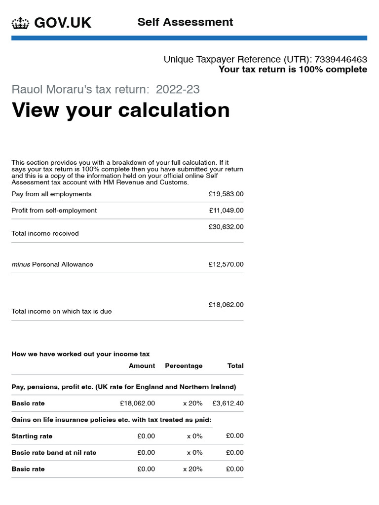 HMRC Tax Calculation Summary 2022-23 | PDF | Taxes | Income Tax