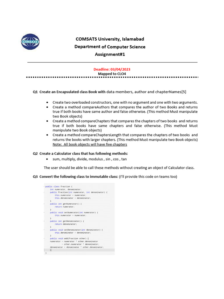 COMSATS University, Islamabad Department of Computer Science Assignment#1 | PDF | Constructor ...