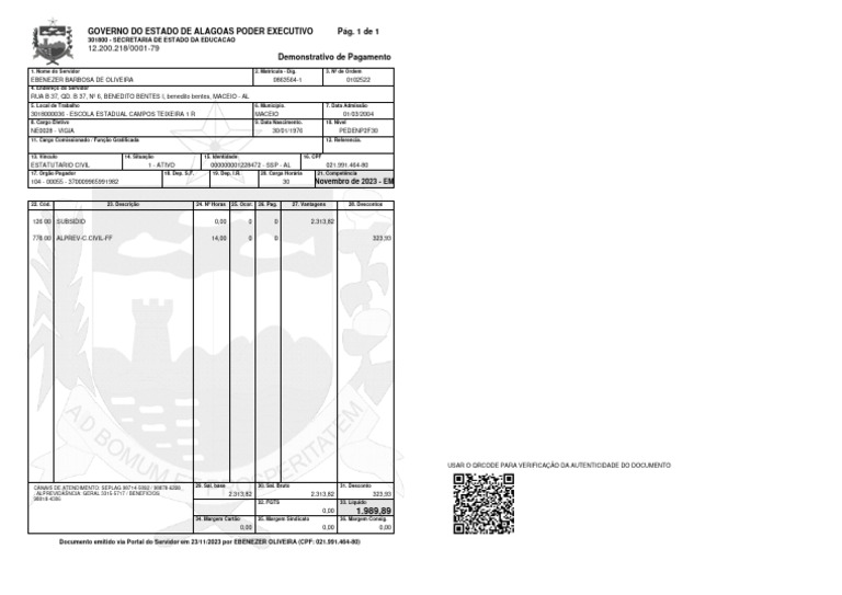 Contracheque - Portal do Servidor - Data 23-11-2023 | PDF