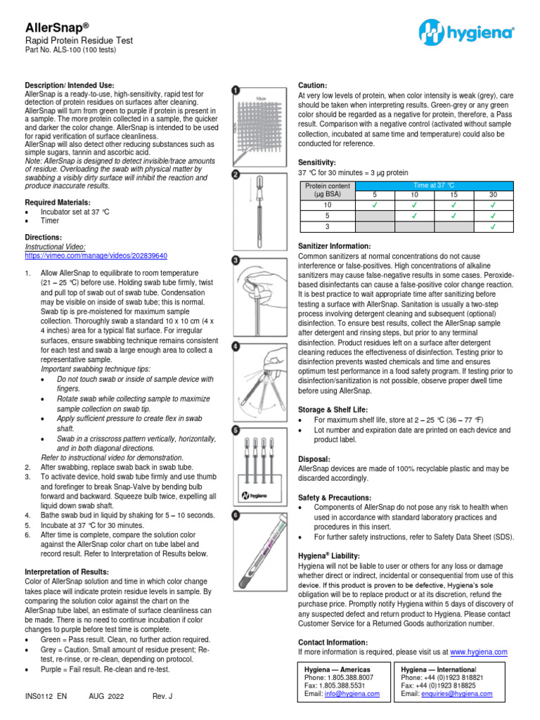 Instructions AllerSnap Rapid Protein Residue Test | PDF | Hygiene ...