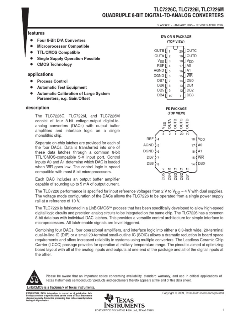 TLC 7226 | PDF | Digital To Analog Converter | Integrated Circuit