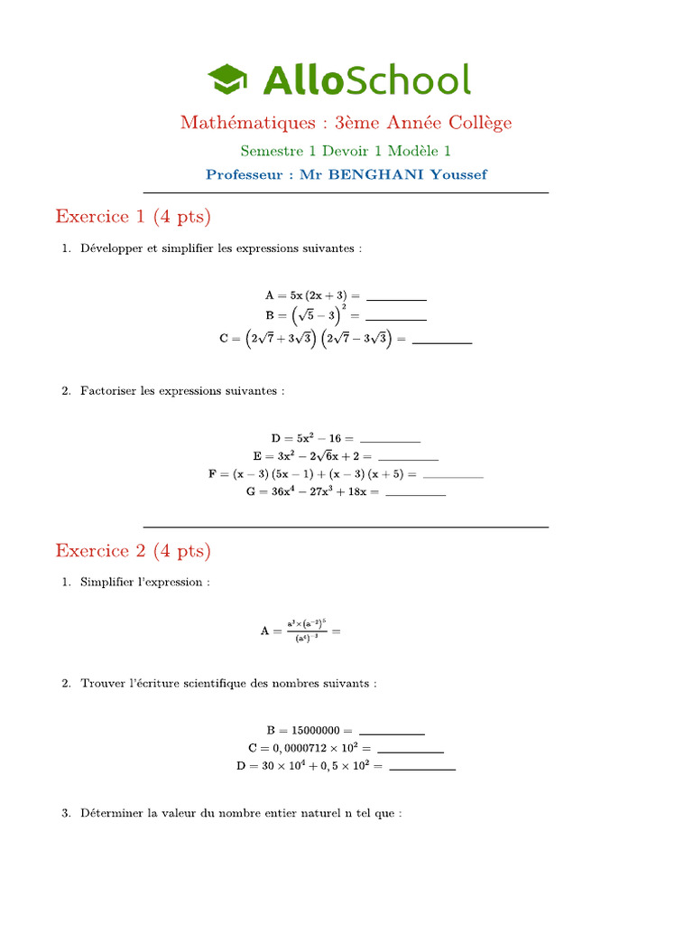 Math 3ac Semestre 1 Devoir 1 Modele 1 1 | PDF