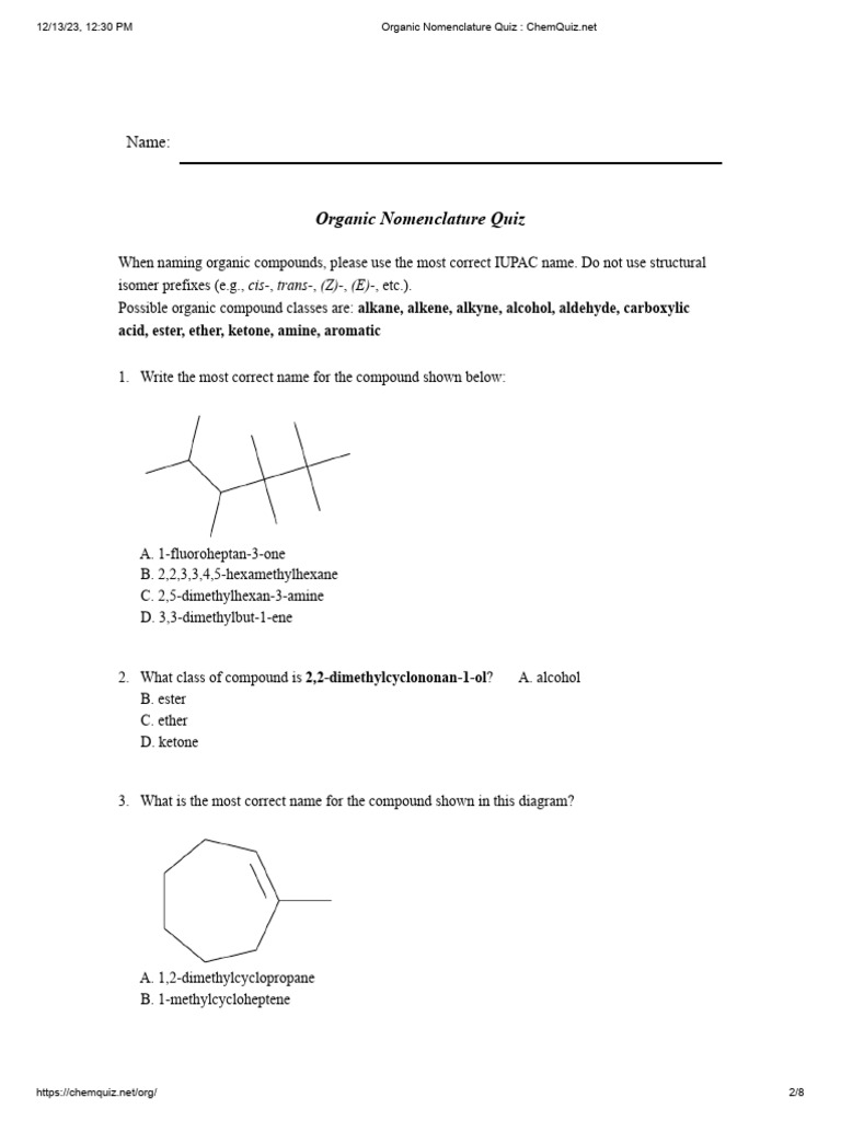 Organic Nomenclature Quiz | PDF | Chemical Substances | Chemical Compounds