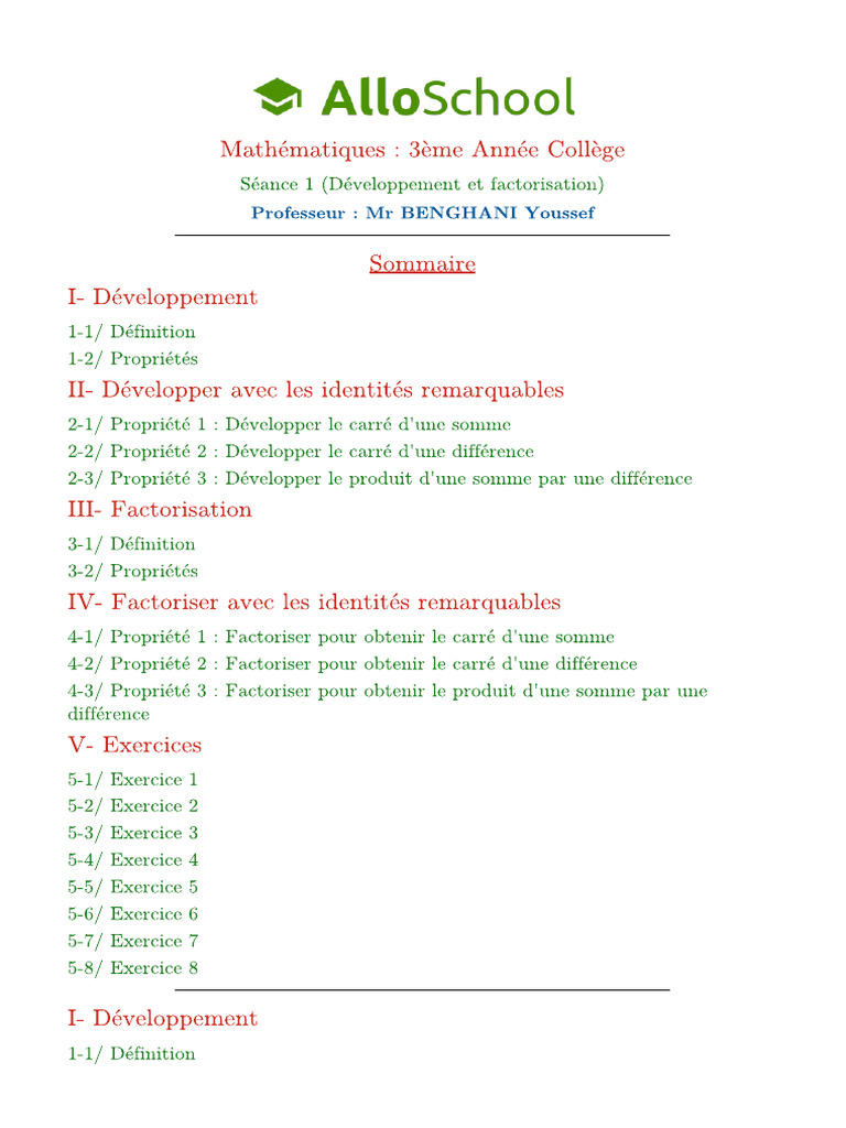 Seance 1 Developpement Et Factorisation | PDF
