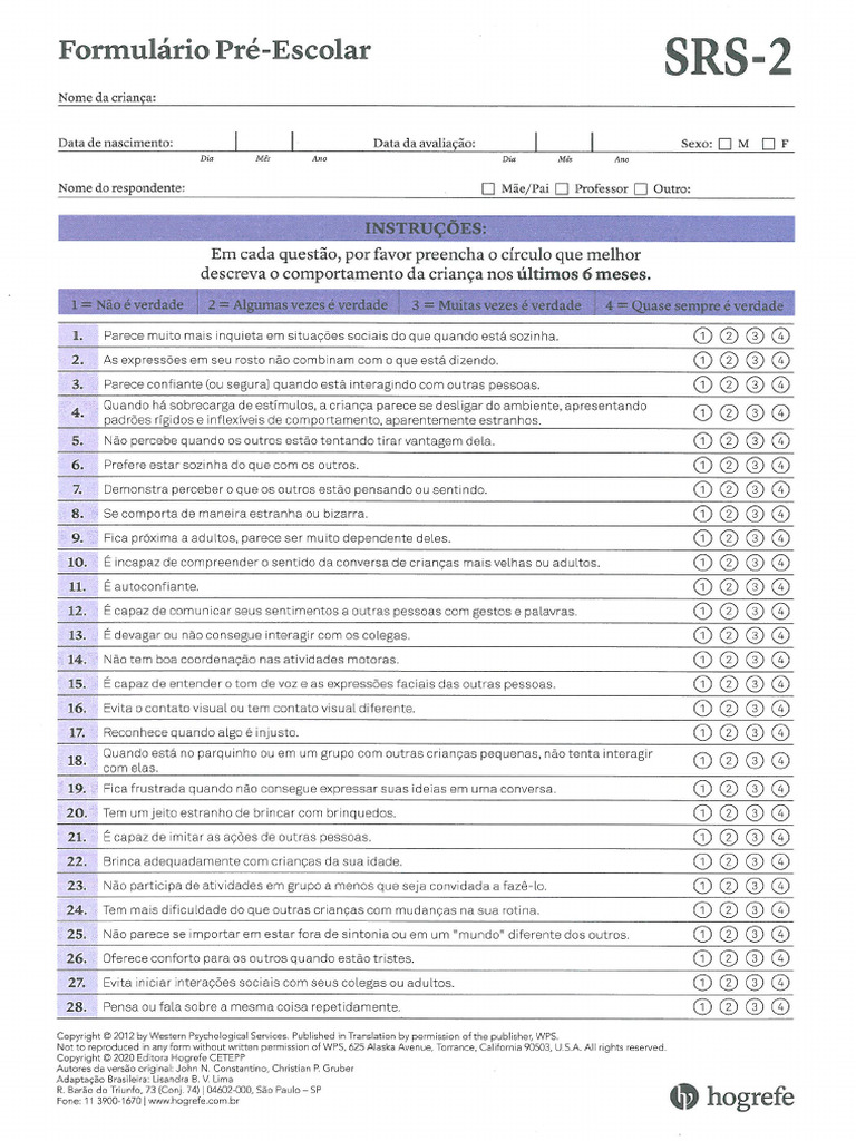 Formulários pré escolar SRS-2 | PDF
