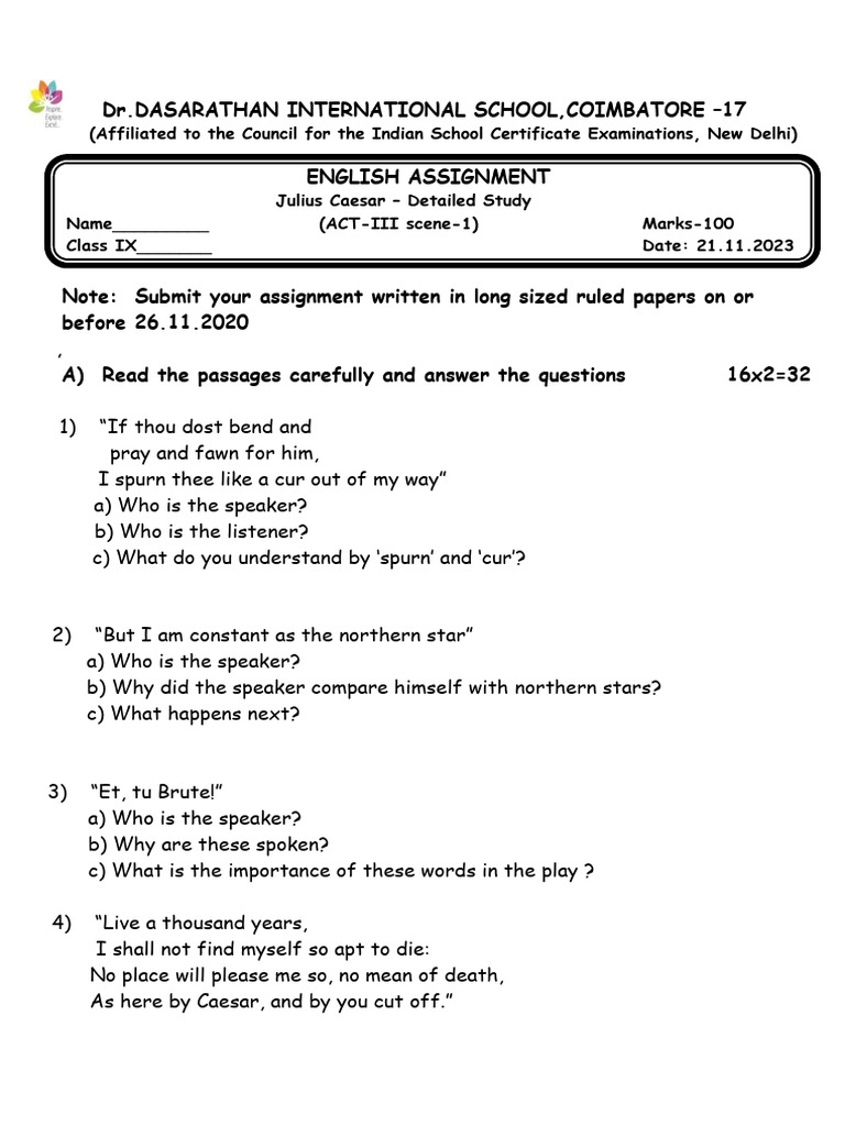 class 9 Assignments(1) English icse | PDF | Mark Antony | Julius Caesar