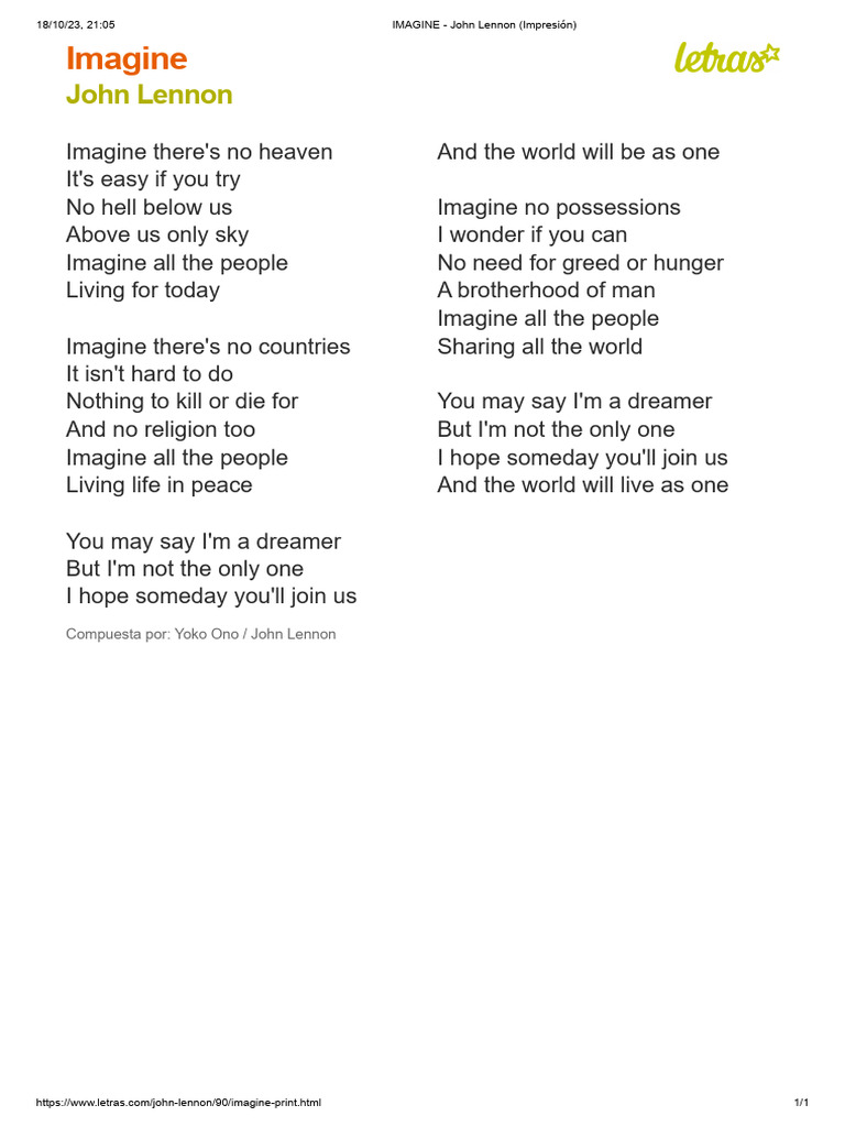 John Lennon - Imagine Lyrics | PDF