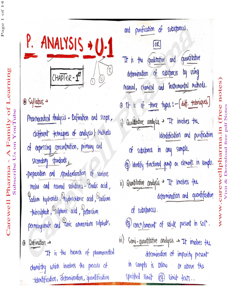 Pharmaceutical Analysis Unit 1 Notes | PDF | Chemistry