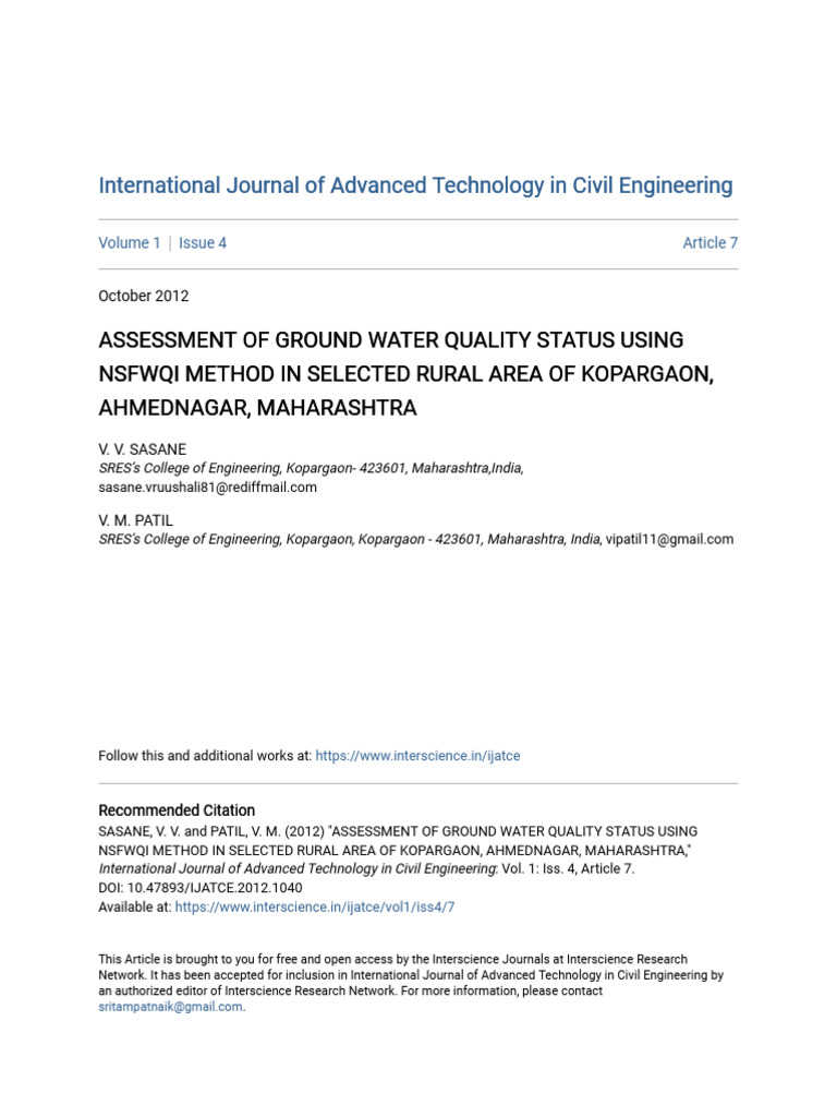 Assessment of Ground Water Quality Status Using Nsfwqi Method in | PDF | Water | Water Quality