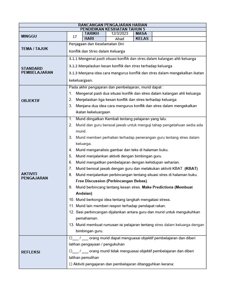 RPH Ringkas Minggu 17 Pendidikan Kesihatan THN 5 by Cikgu Gorgeous | PDF