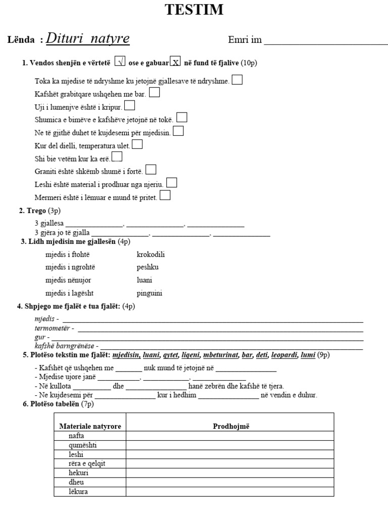 Dituri Natyre 2 (Test 1, 3 Mujori 1) | PDF