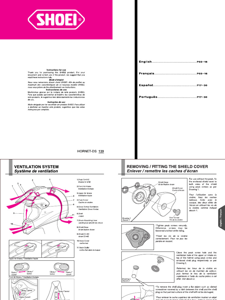 Manual de Usuario Casco Shoei Hornet DS | PDF