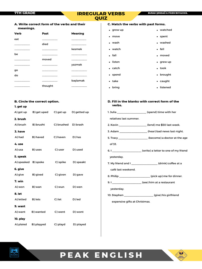 7th Grade Irregular Verbs Quiz | PDF