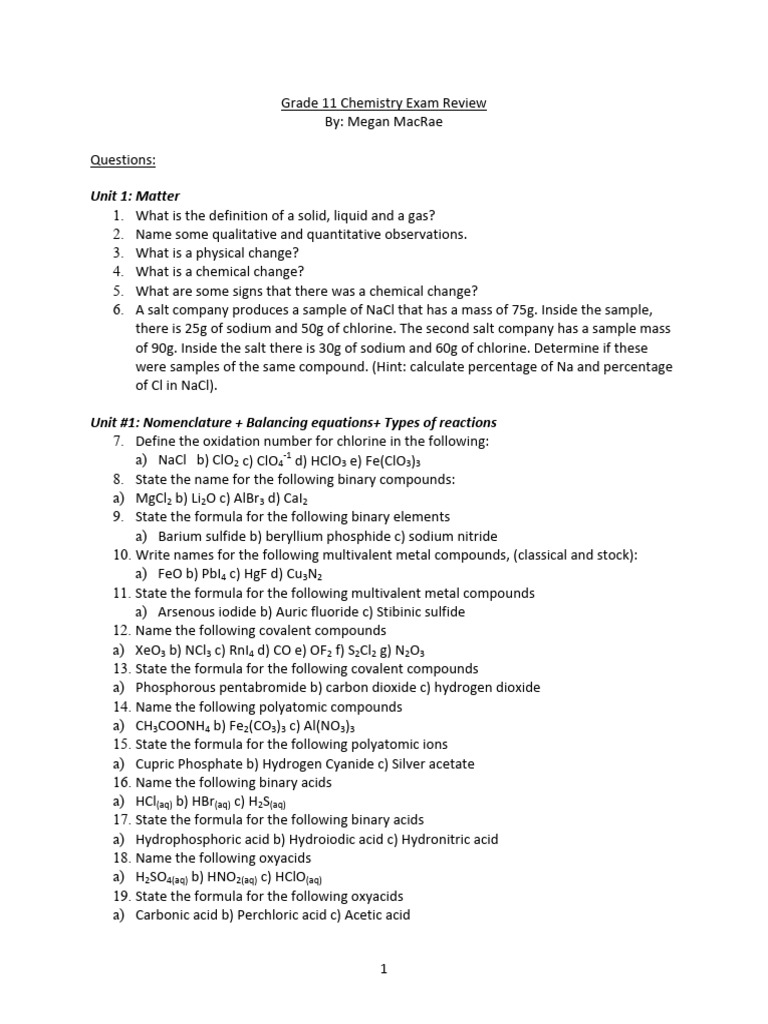 Grade 11 Chemistry Exam Review-Megan MacRae | Download Free PDF | Acid ...