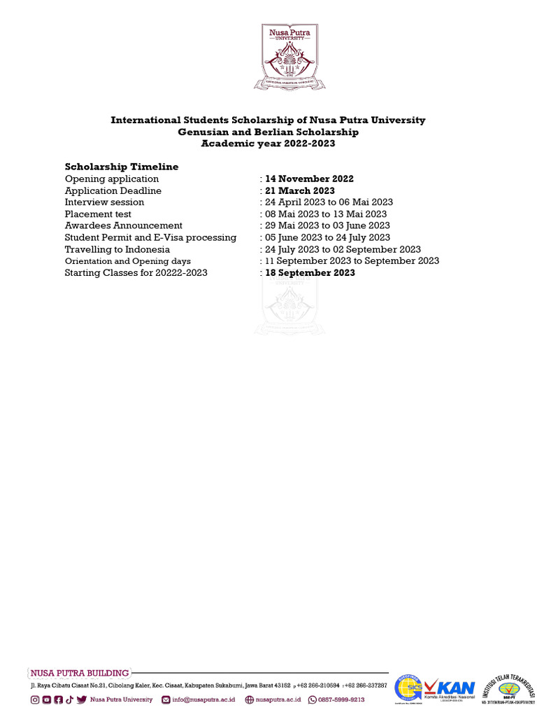 International Students Scholarship of Nusa Putra University TIMELINE 2022 2023 | PDF