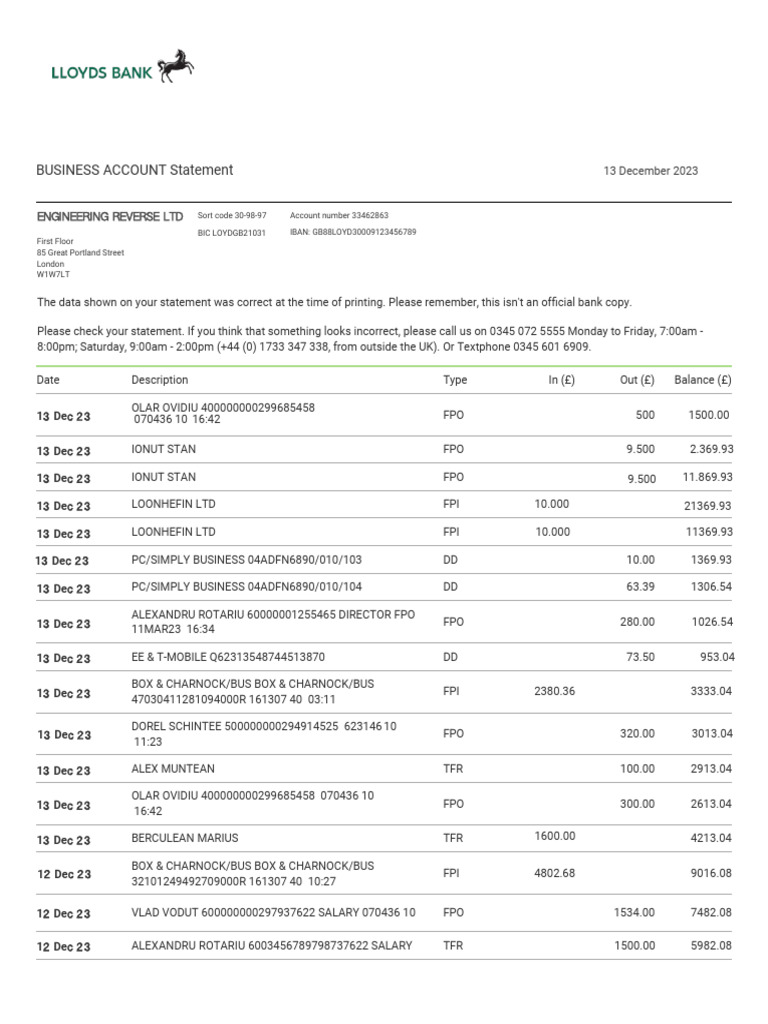 Business Bank Statement Lloyds Bank Bank - 231213 - 200928 | PDF ... Business Bank Statement Lloyds Bank Bank - 231213 - 200928 | PDF ...
