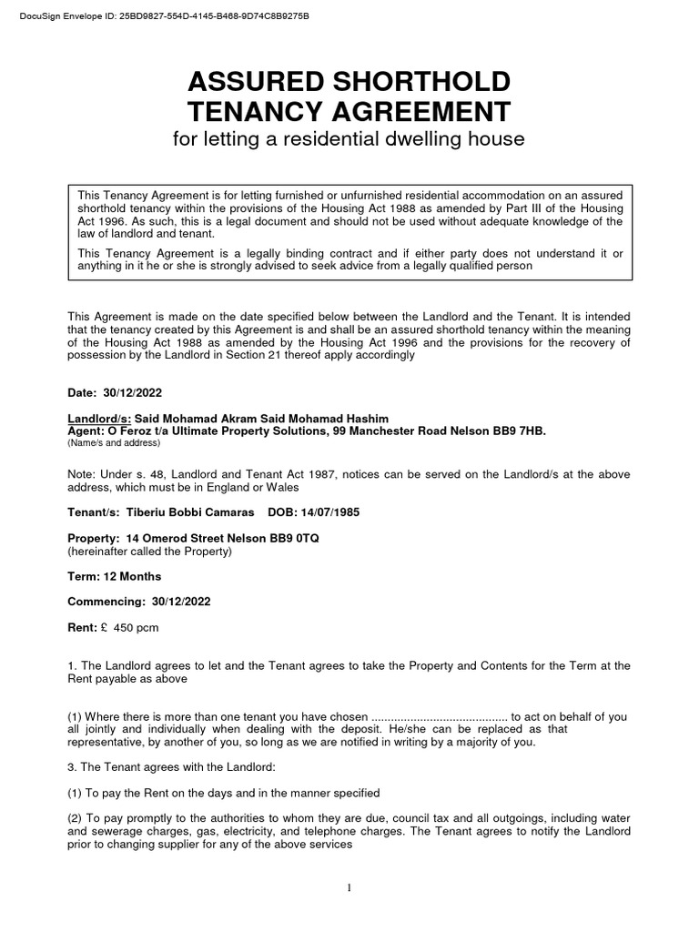 Assured Shorthold Tenancy Agreement | PDF | Leasehold Estate | Landlord