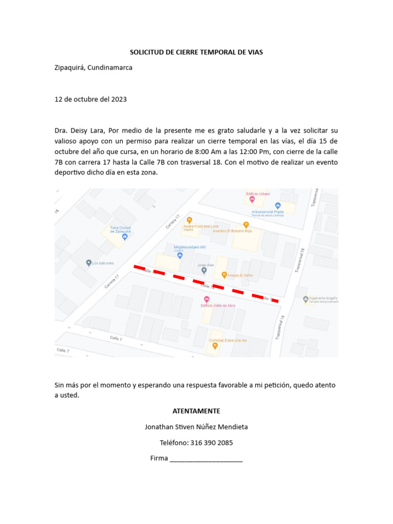 Solicitud de Cierre Temporal de Vias | PDF