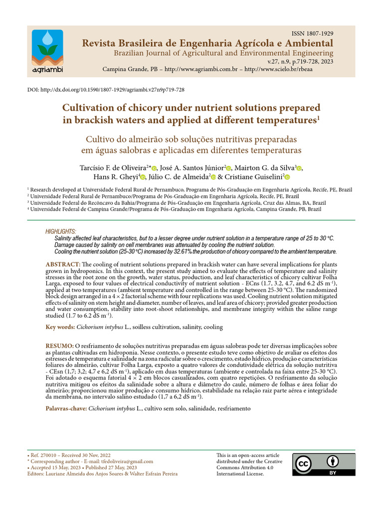 Cultivation of Chicory Under Nutrient Solutions | Download Free PDF ...