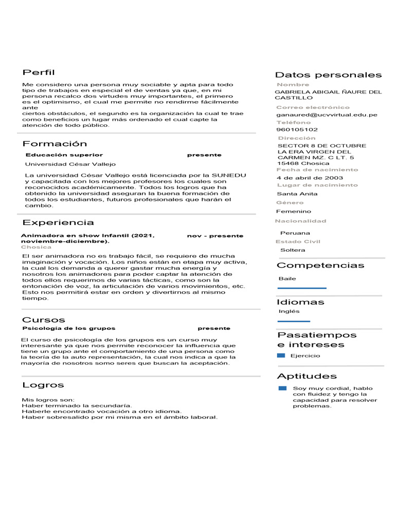 CV Gabriela Abigail Ñaure Del Castillo | PDF