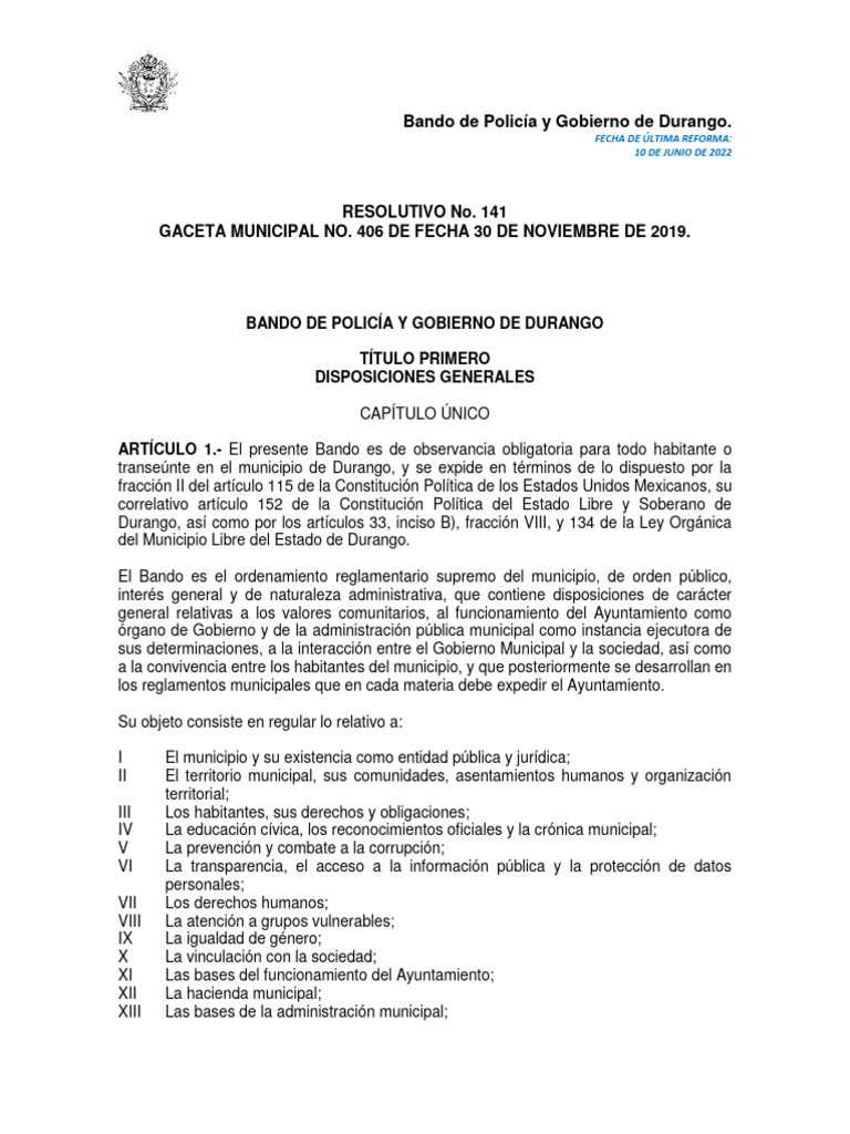 BANDO-DE-POLICIA-Y-GOBIERNO-DE-DURANGO.-ultima Reforma 10junio2022 | PDF | Estado (política ...