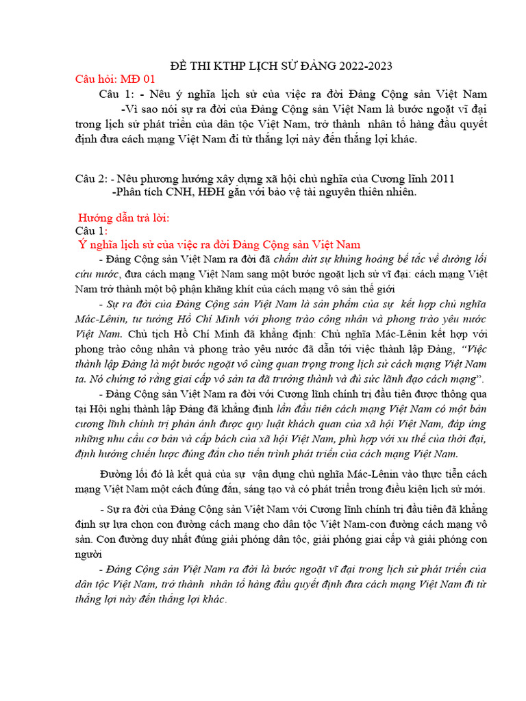 ĐỀ THI KTHP LỊCH SỬ ĐẢNG 2022 | PDF