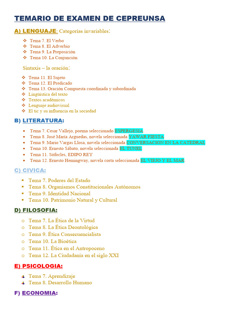 Temario de Examen de Cepreunsa | PDF | Trigonometría | Funciones trigonométricas