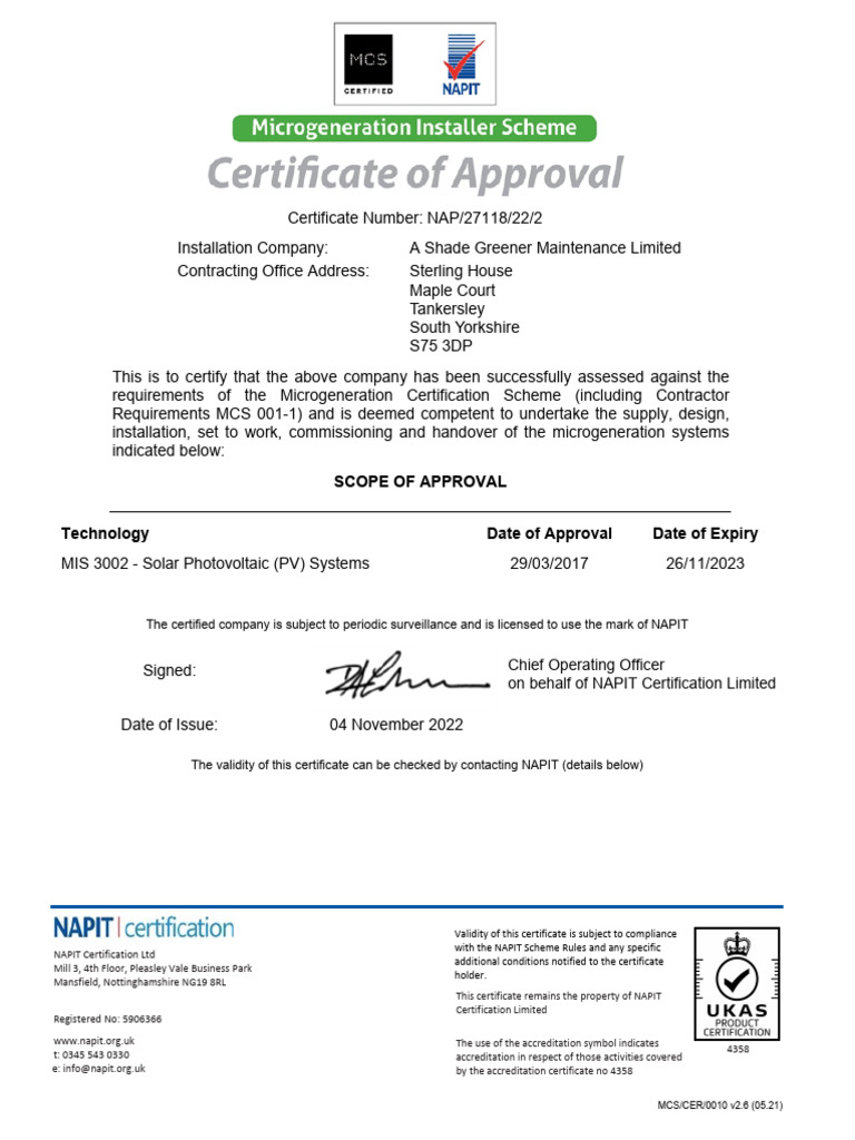 MCS Certificate | PDF | Energy And The Environment | Solar Energy