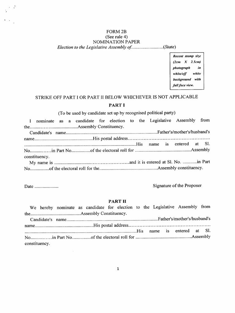 Form 2b - Nomination Paper For Legislative Assembly Elections 
