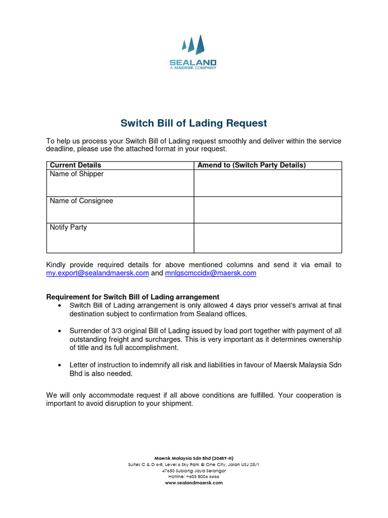 Switch Bill of Lading Advisory | PDF | Cargo | Bill Of Lading