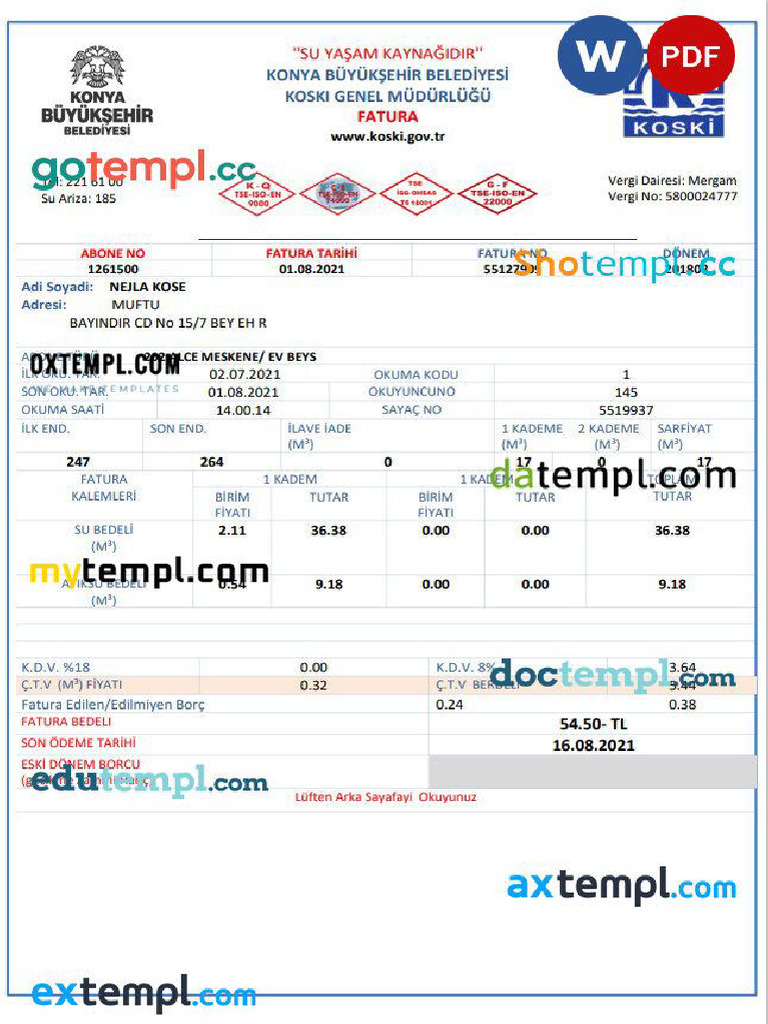 Doctempl - Turkey water utility bill template in Word and PDF format | PDF