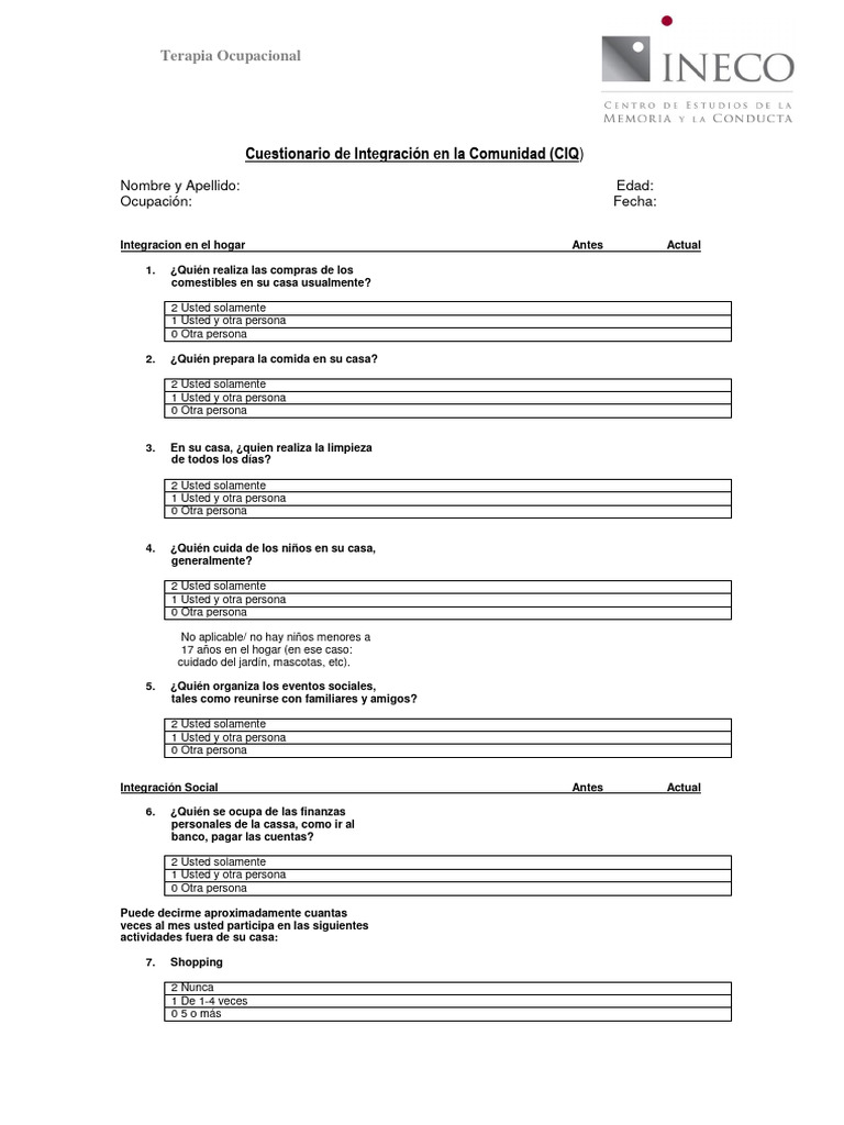 Cuestionario de Integración en La Comunidad (CIQ) : Terapia Ocupacional ...