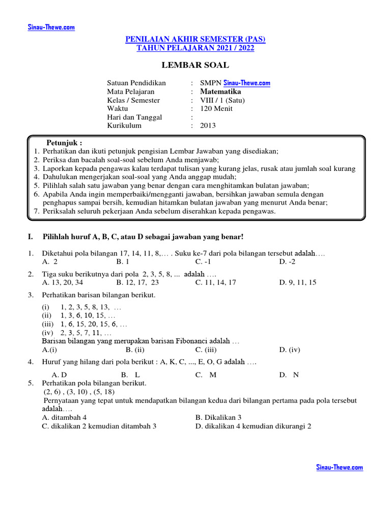 Soal Pas MTK Kls 8 k13 | PDF