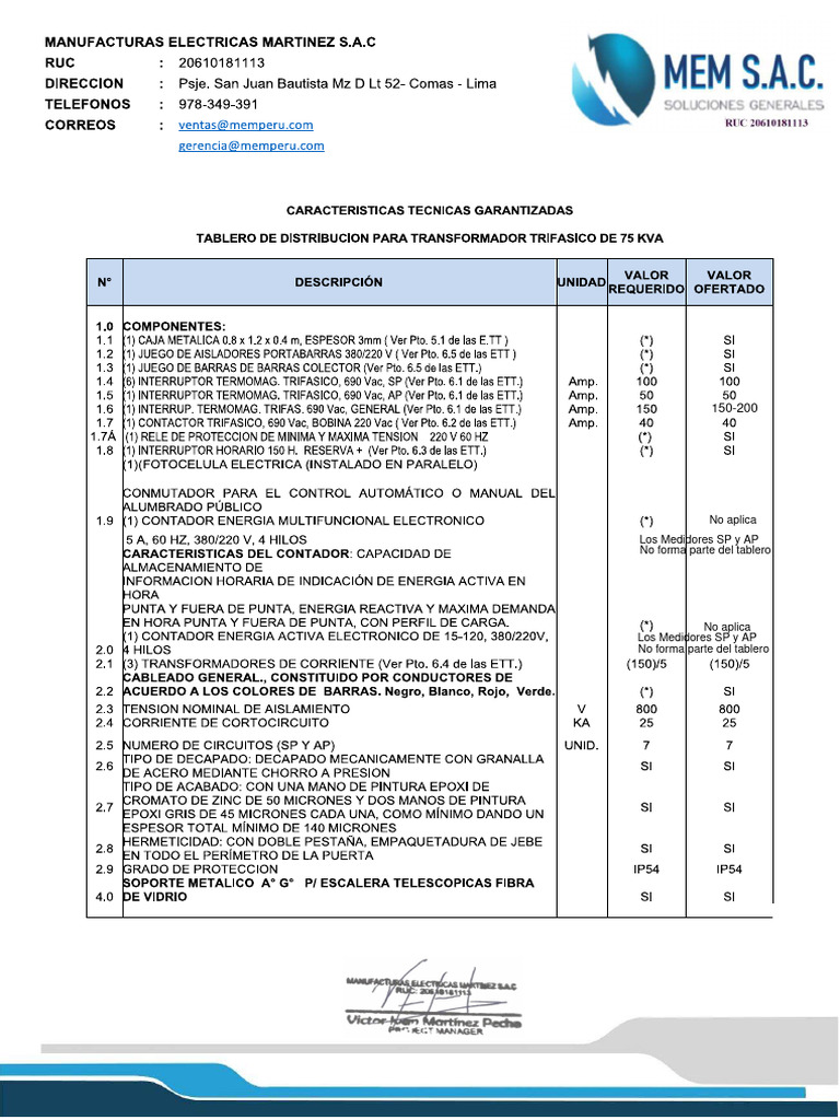TABLA DE DATOS TECNICOS 75 KVA - INCOSAC 06.11.2023 | PDF TABLA DE DATOS TECNICOS 75 KVA - INCOSAC 06.11.2023 | PDF