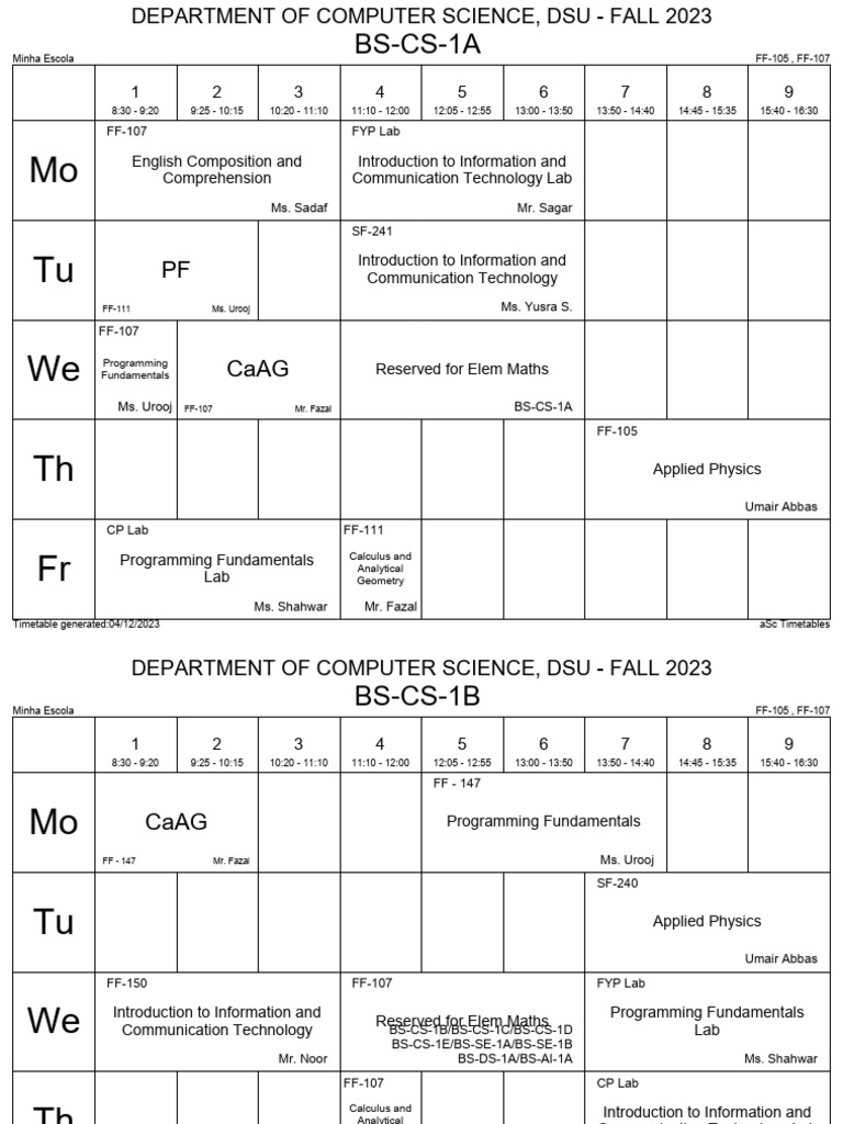 Sectionwise Timetable - v6 | PDF | Computing | Science