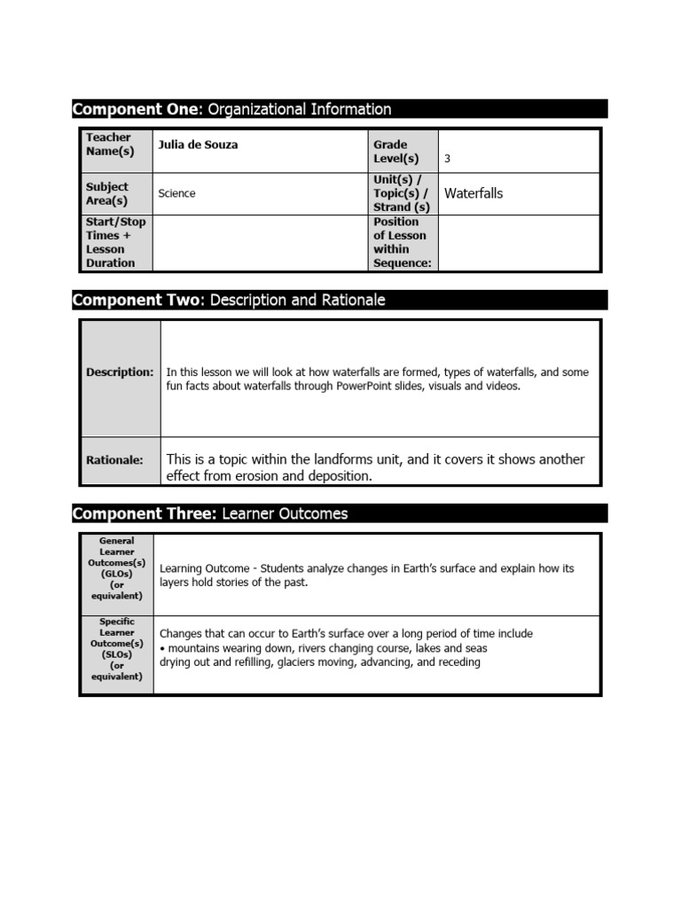 Lesson Plan - Waterfalls Nov | PDF | Learning | Earth Sciences