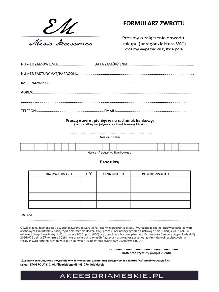 Formularz Zwrotu | PDF Formularz Zwrotu | PDF
