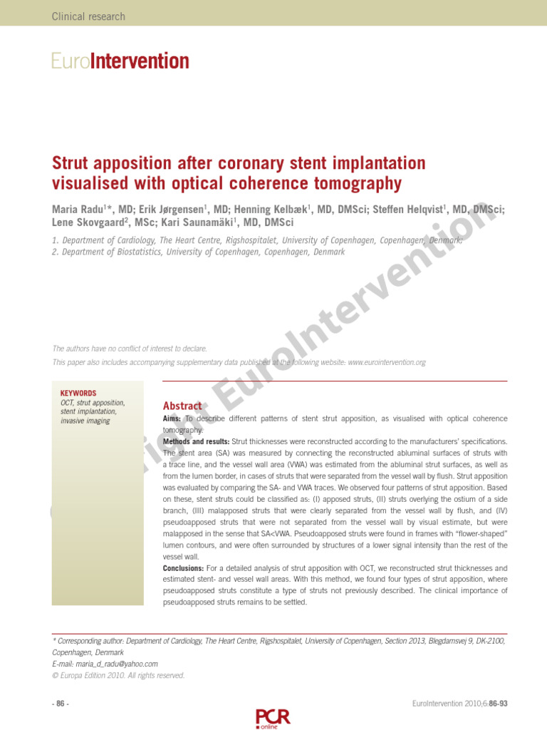 Radu. Strut Aposition After Coronary Stent Implantation Visualised With OCT. Eurointerv 2010 ...