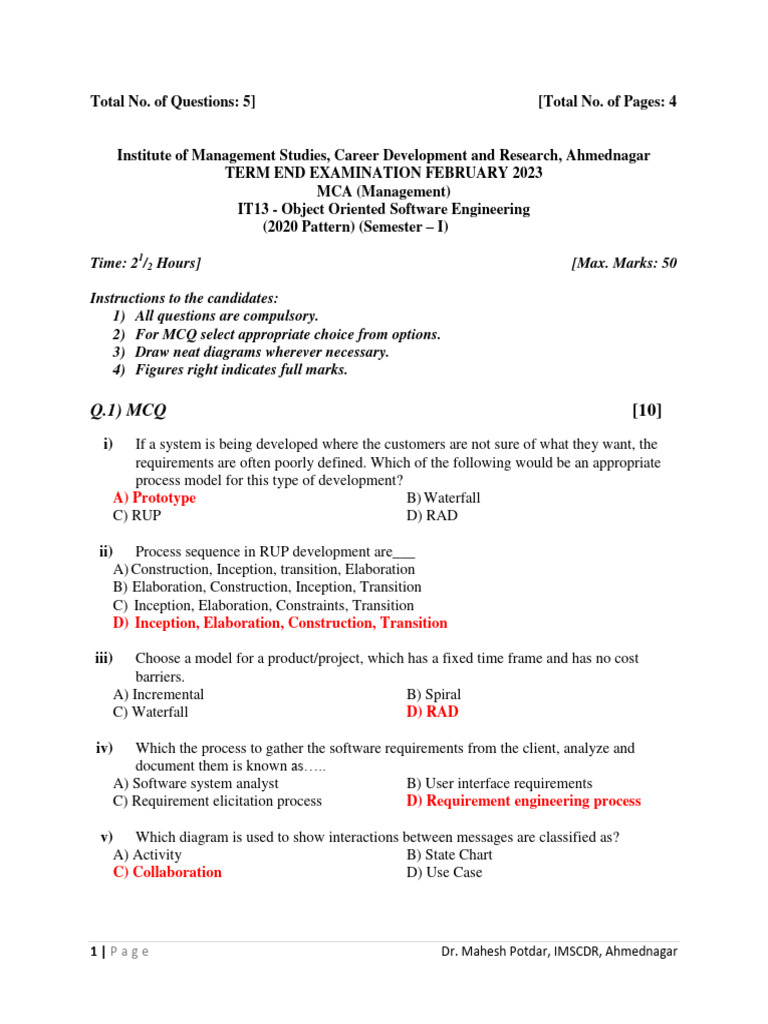 Object Oriented Software Engineering Solved Question Paper by MCA ...