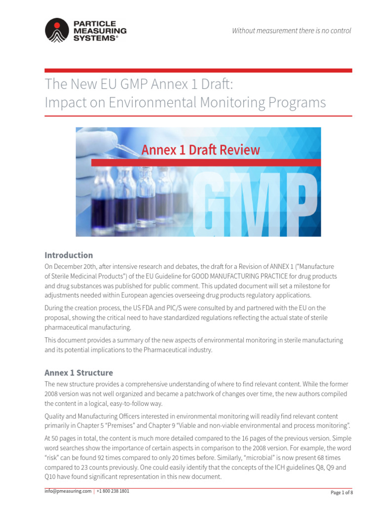 The New EU GMP Annex 1 Draft - Impact on Environmental Monitoring Programs | PDF