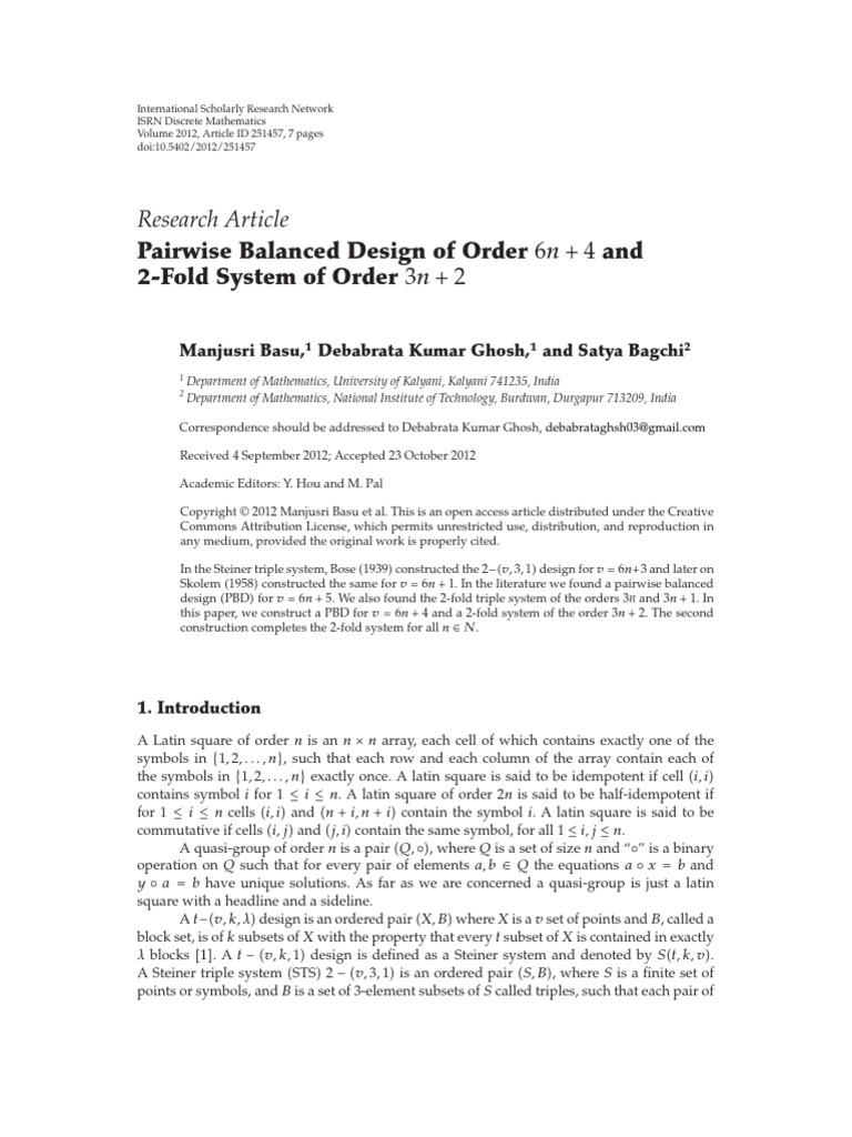 Research Article N 4 and N 2: Pairwise Balanced Design of Order 2-Fold ...