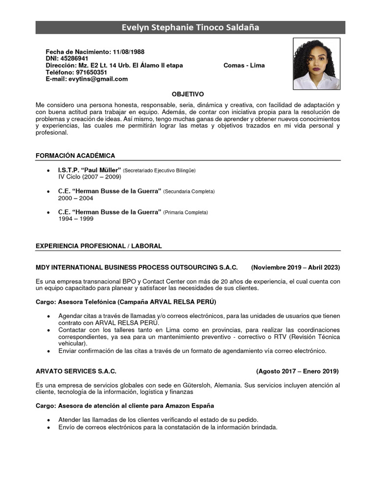 Cv Actualizado 2023_evelyn Stephanie Tinoco Saldaña | PDF | Economias | Business