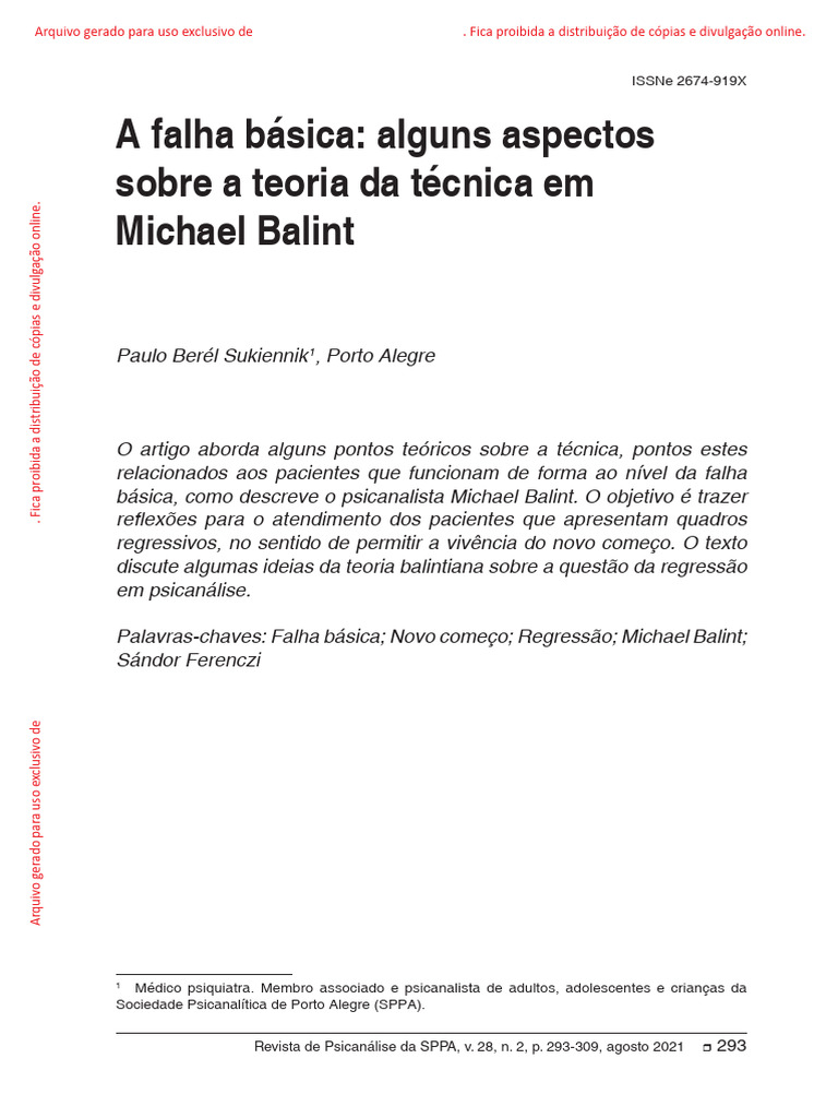 Michael Balint - A Falha Basica, Alguns Aspectos Sobre A Teoria Da ...